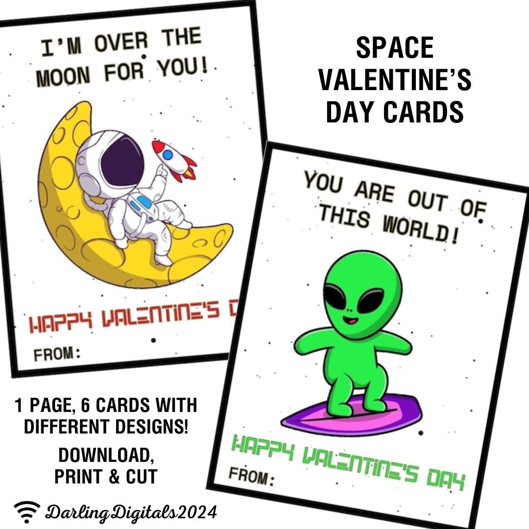 Space Valentine's Day Cards for Kids | Printable Cards for Valentines ...