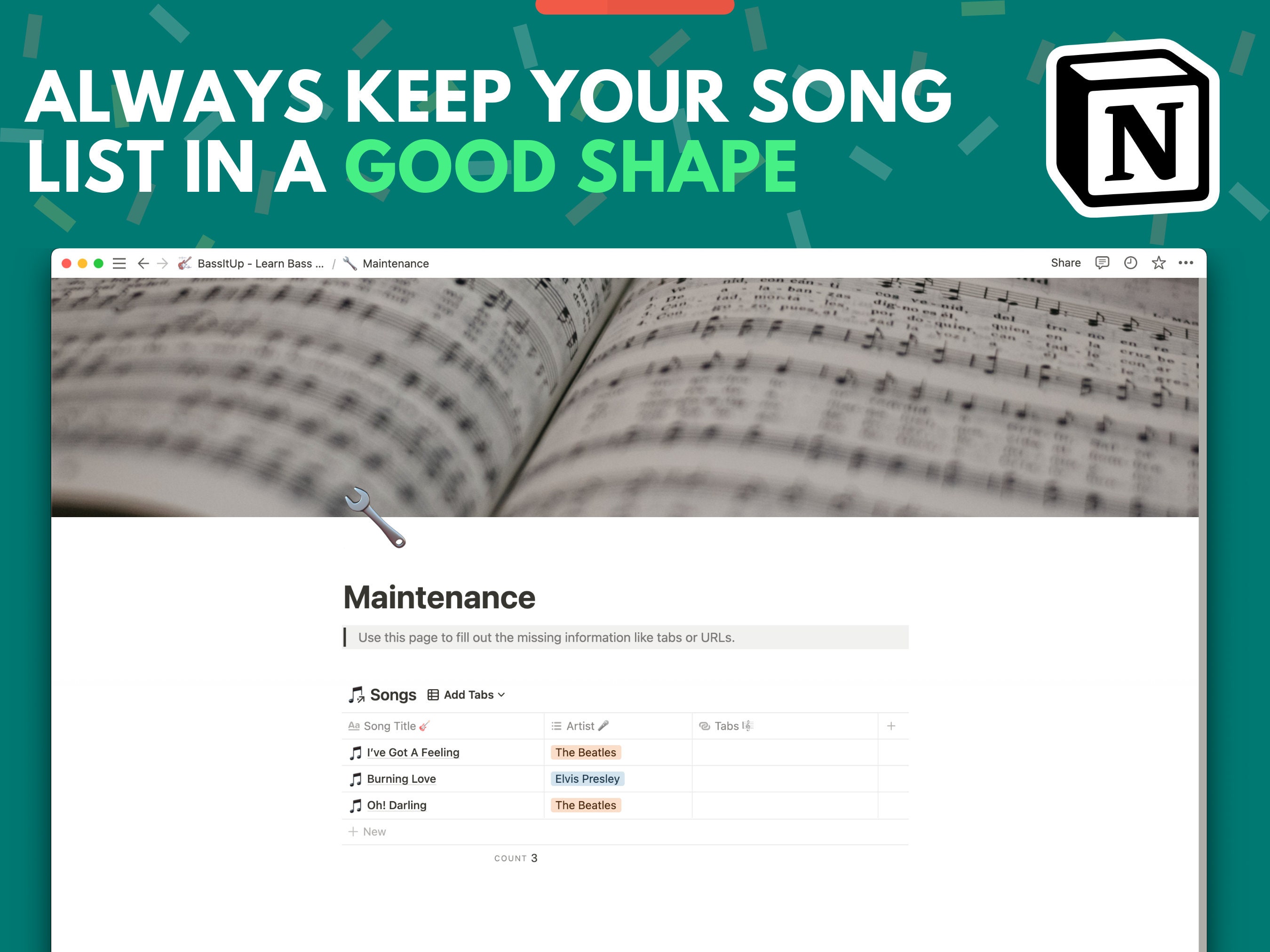 Bassitup Learn Bass Songs Notion Template for Bass Guitar Players Save Songs, Practice Music ...
