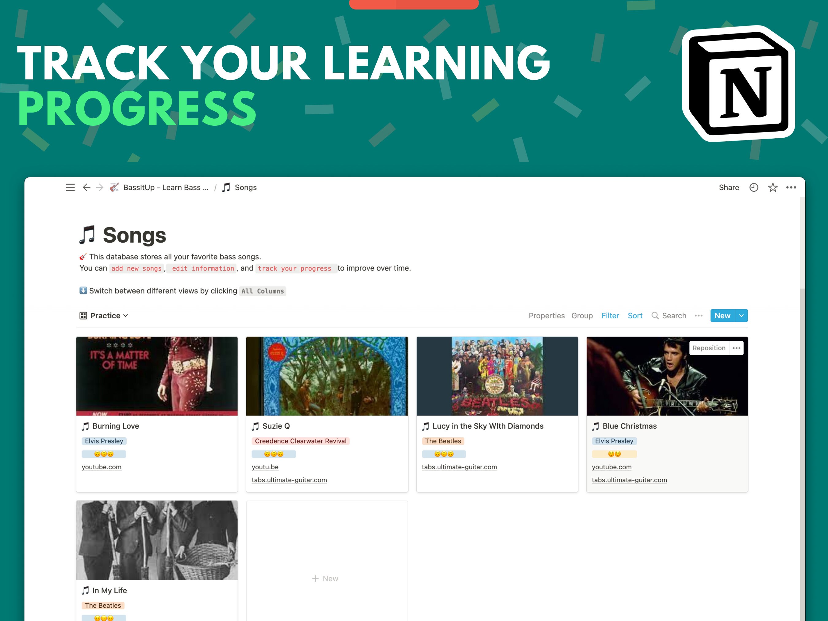 Bassitup Learn Bass Songs Notion Template for Bass Guitar Players Save Songs, Practice Music ...