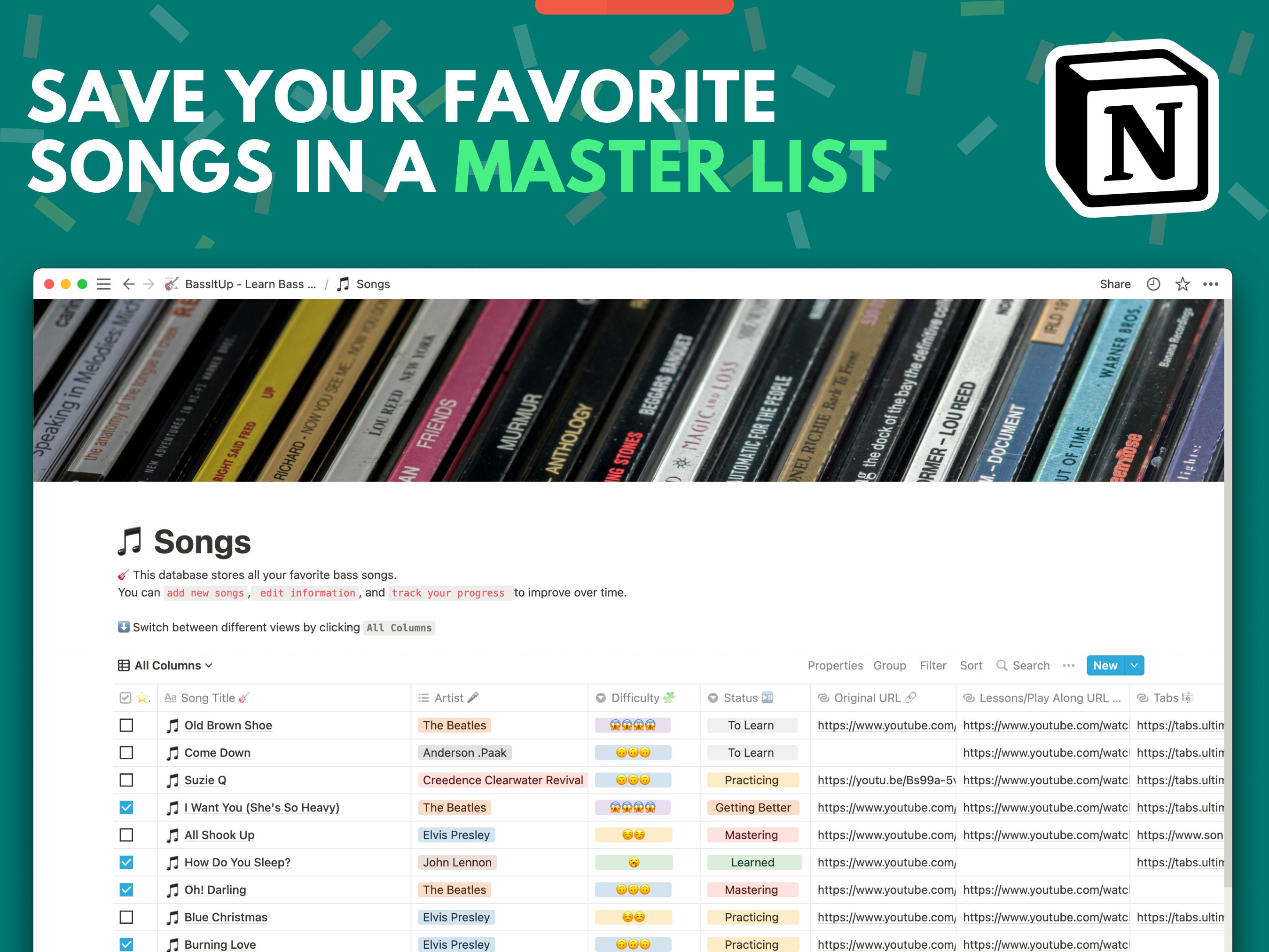 Bassitup Learn Bass Songs Notion Template for Bass Guitar Players Save Songs, Practice Music ...
