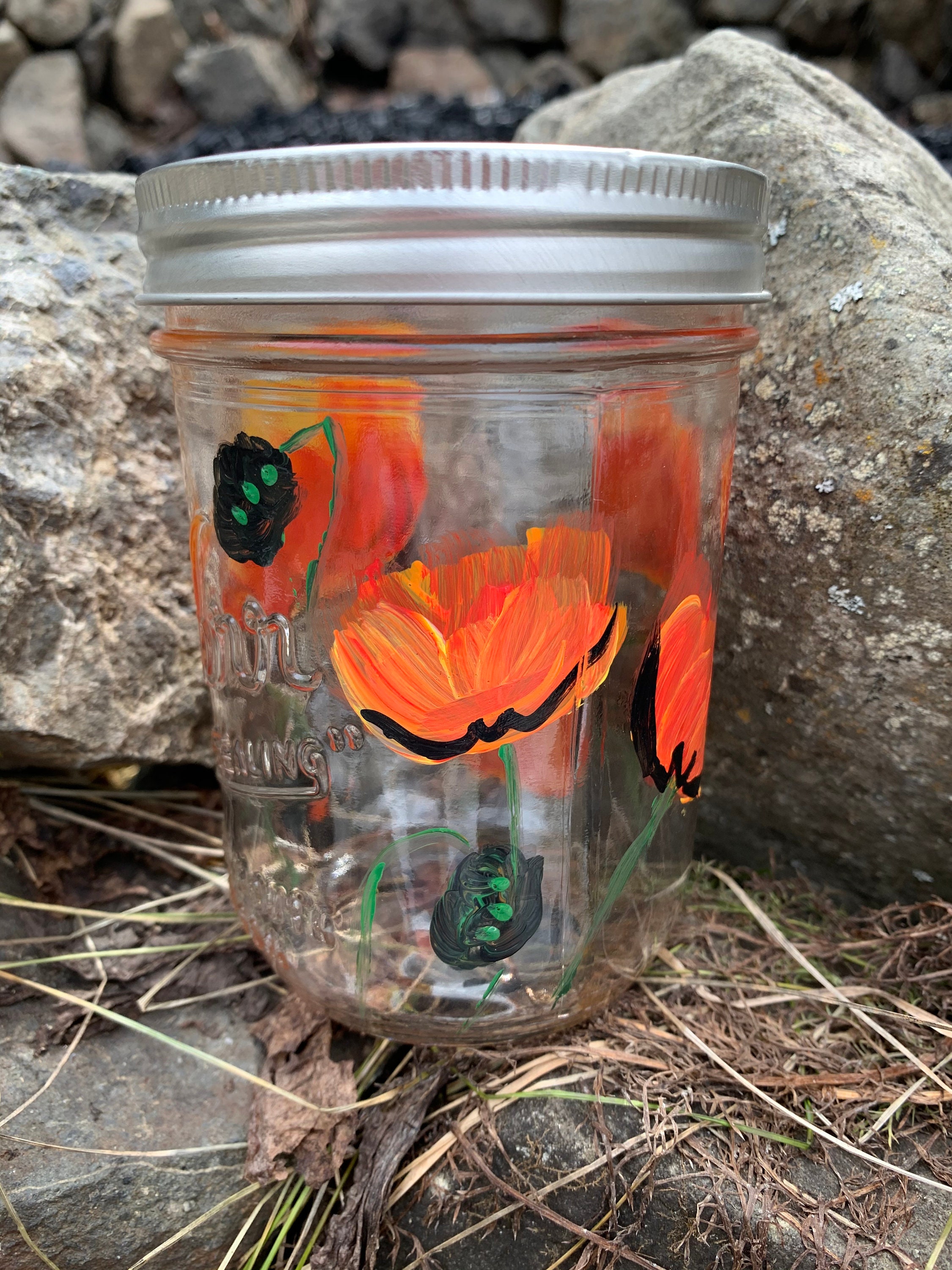 Poppy Mason Jars, Hand-painted, Functional Art, Pint Glass ...
