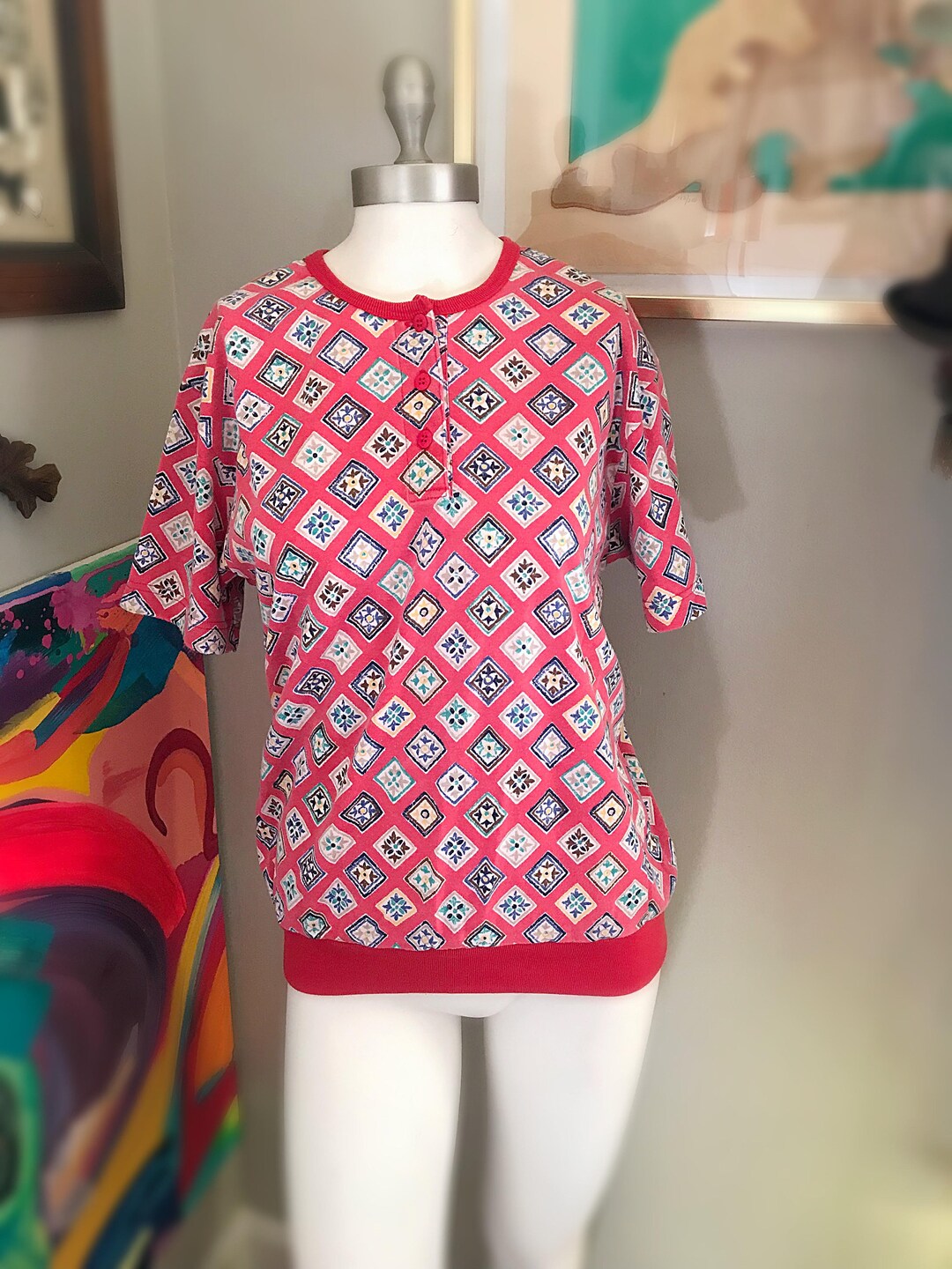 Vintage Alison Craig Candy Red Shirt With Multicolor Floral Squares and ...