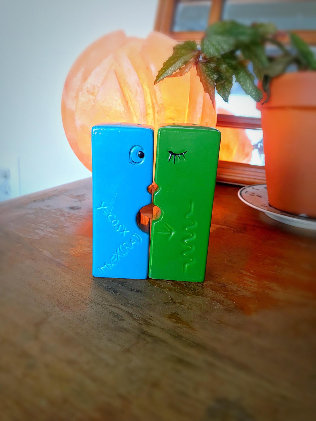 Vintage Green and Blue Math Equation People Salt and Pepper Shakers 70s ...