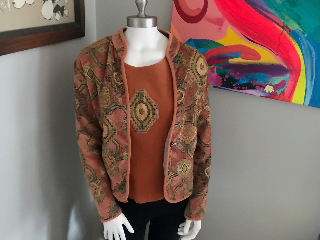 Vintage 70s Orange Geometric Zig Zag Geometric Pattern Tapestry Jacket ...