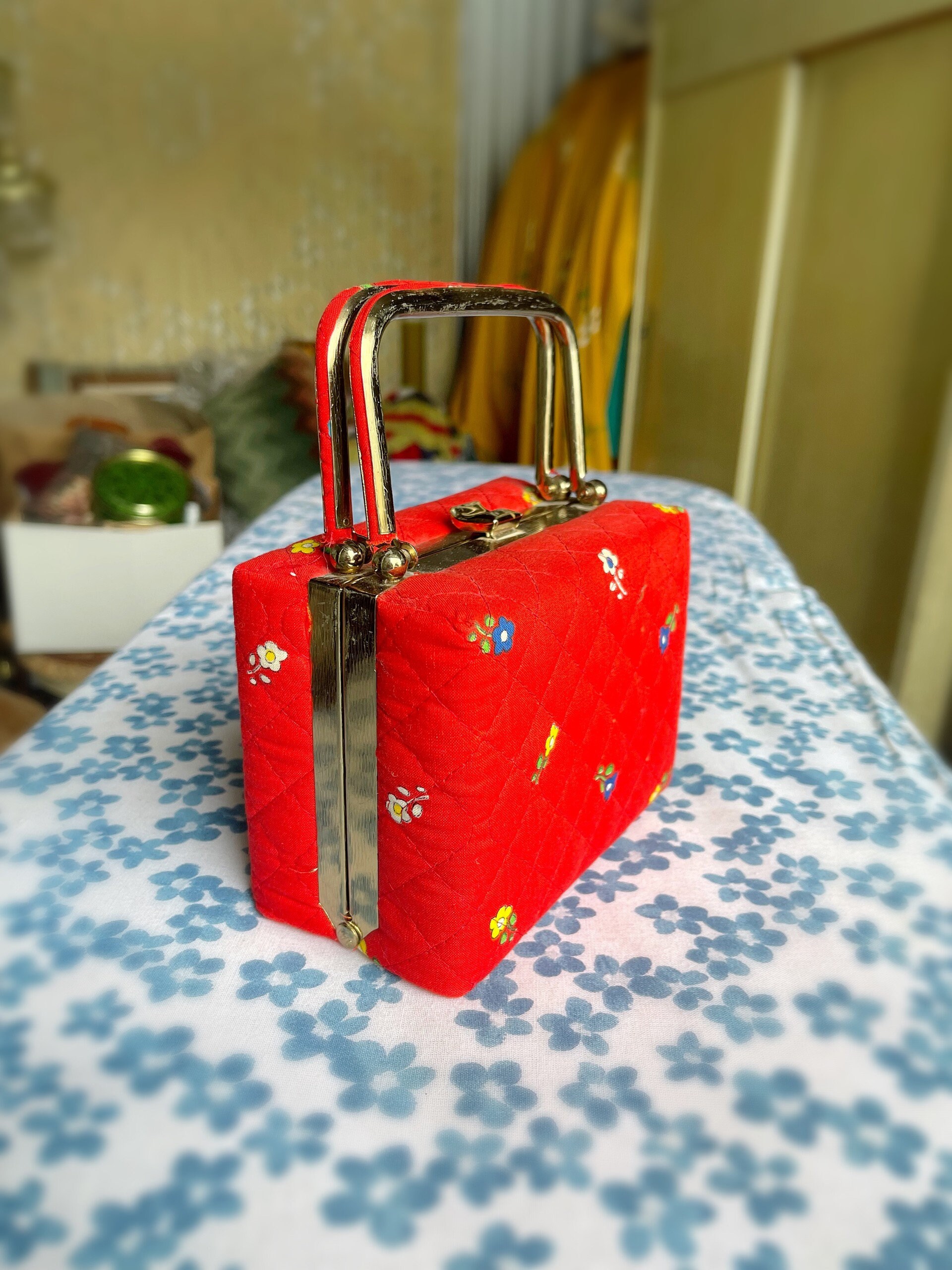 Vintage Quilted Red Floral Hinged Box Purse With Top Handles - Etsy