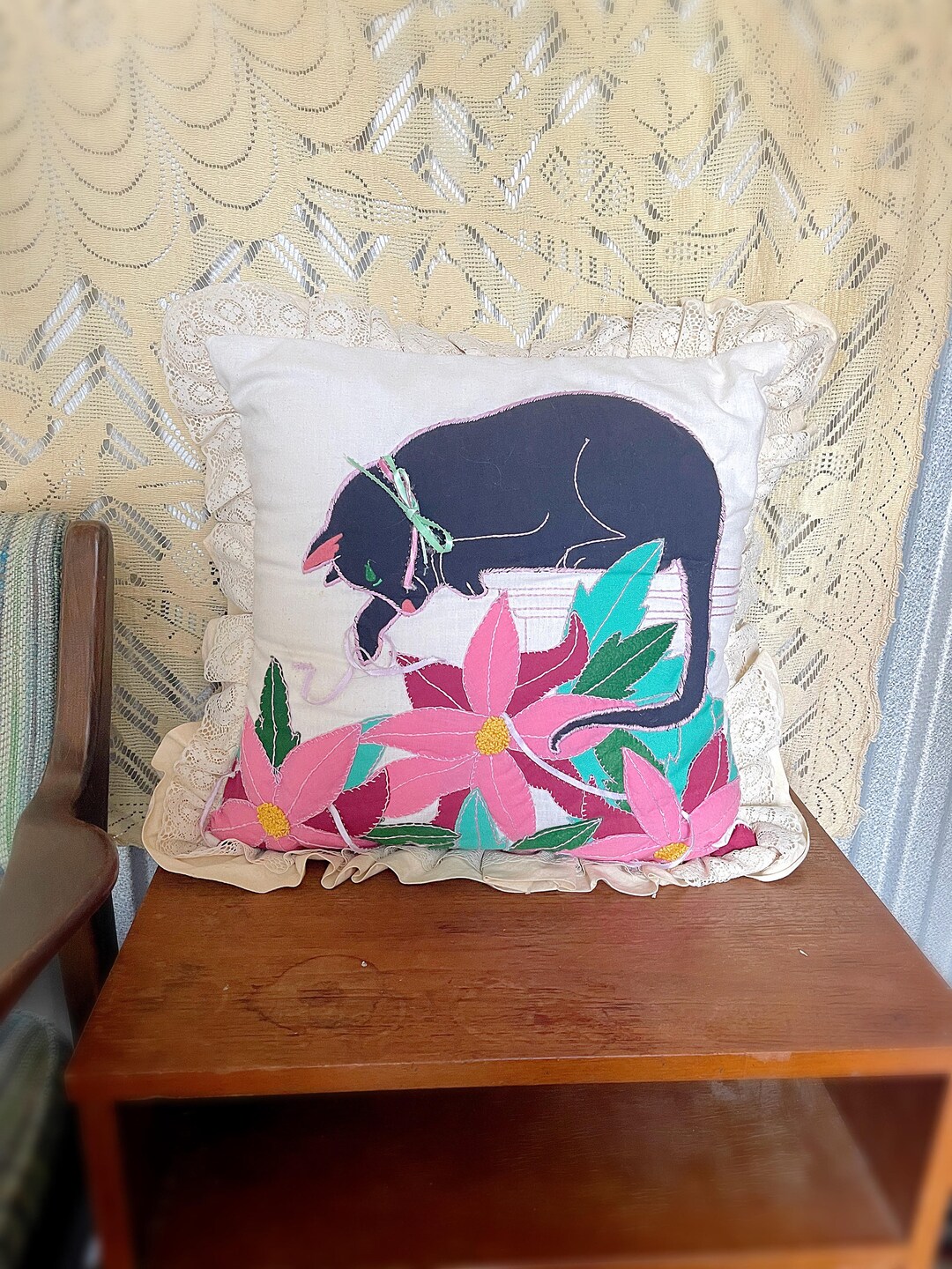 Vintage Hand Sewn Embroidered Black Cat on Mantle With Pink Flowers ...