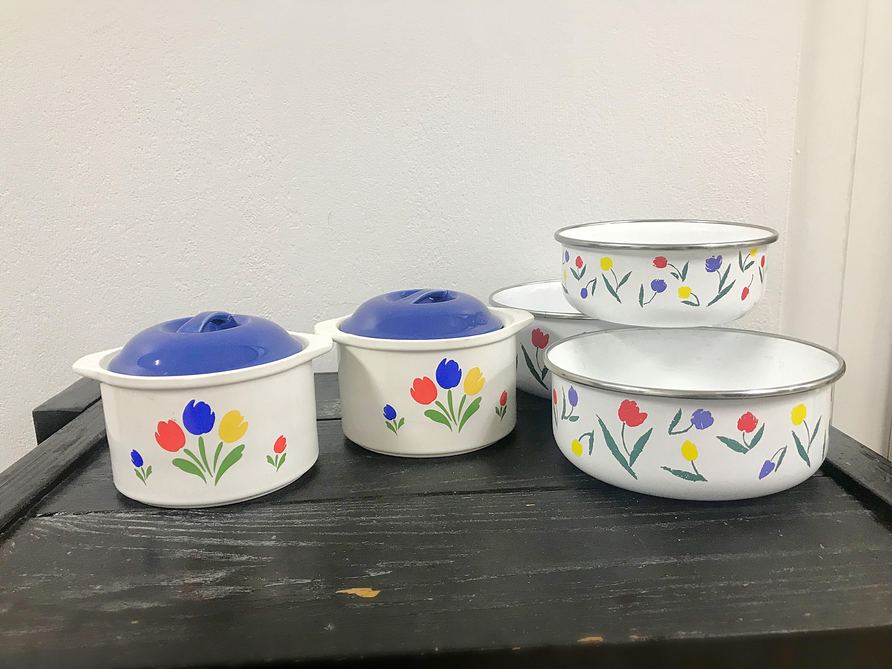 Vintage 1970s 1980s Tulip Tyme Stoneware Crocks With Matching Enamel Nesting Bowls by Lillian ...