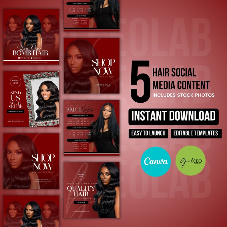 5 Social Media Posts Bundle, DIY Flyer Design, Hair Flyer Posts, Hair ...
