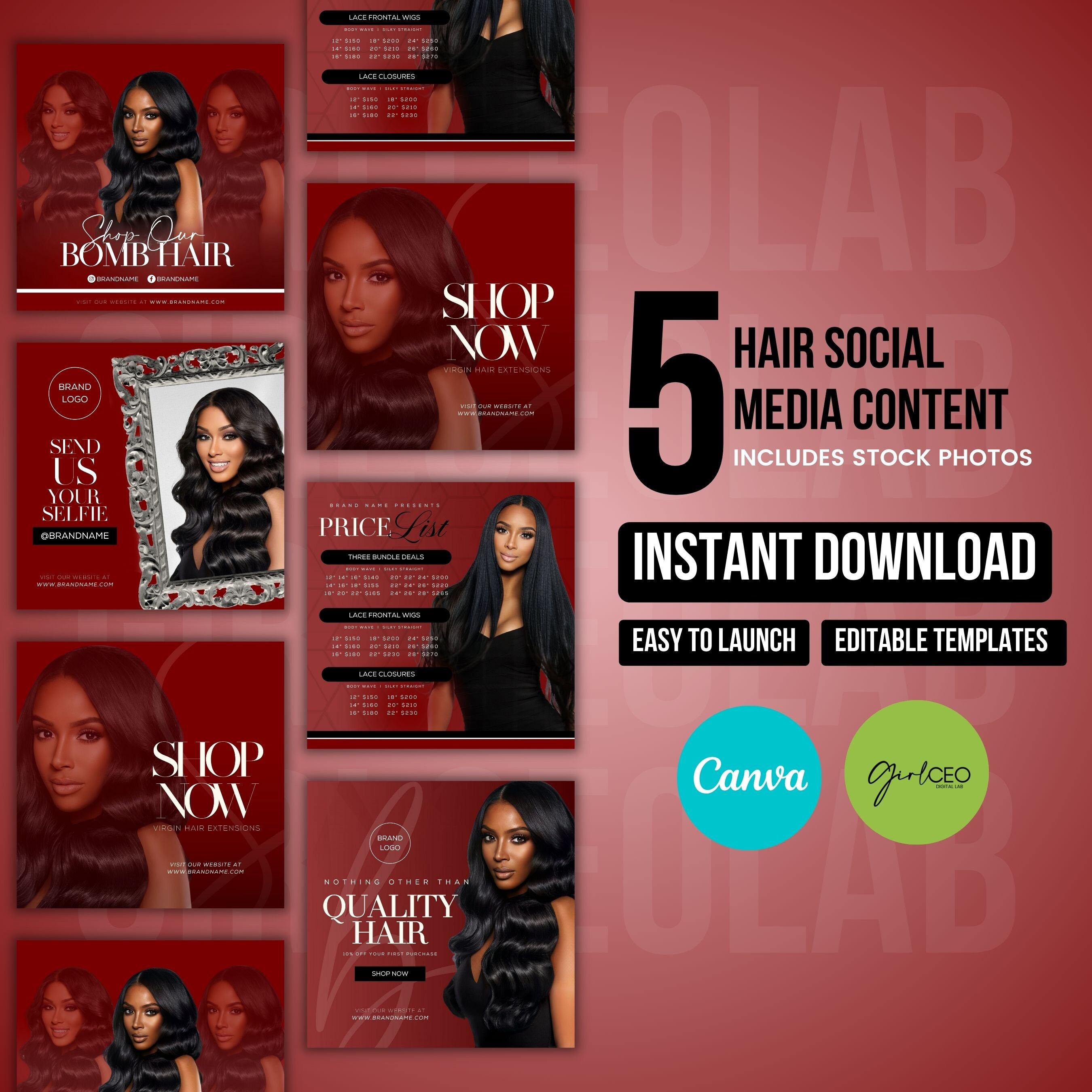 5 Social Media Posts Bundle, DIY Flyer Design, Hair Flyer Posts, Hair ...