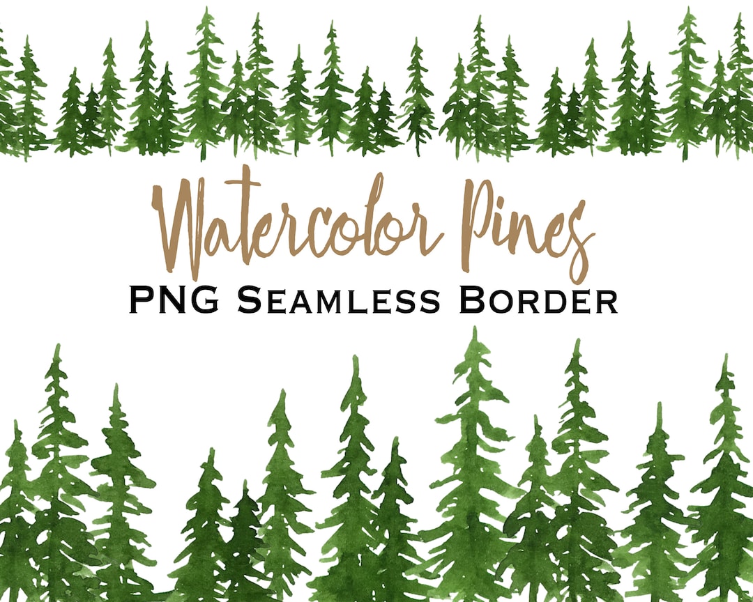 Green Pine Trees Border Seamless Pattern, Watercolor Christmas and New Year PNG Horizontal ...