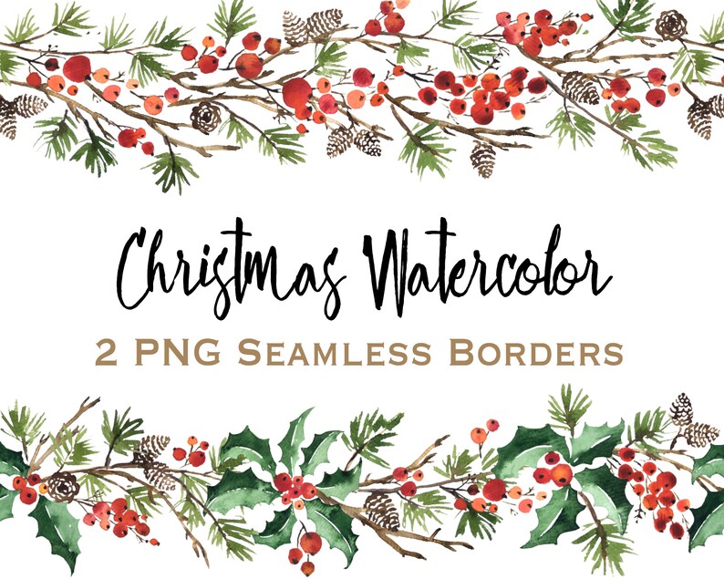 Christmas Floral Watercolor Border Seamless Patterns, PNG Horizontal ...