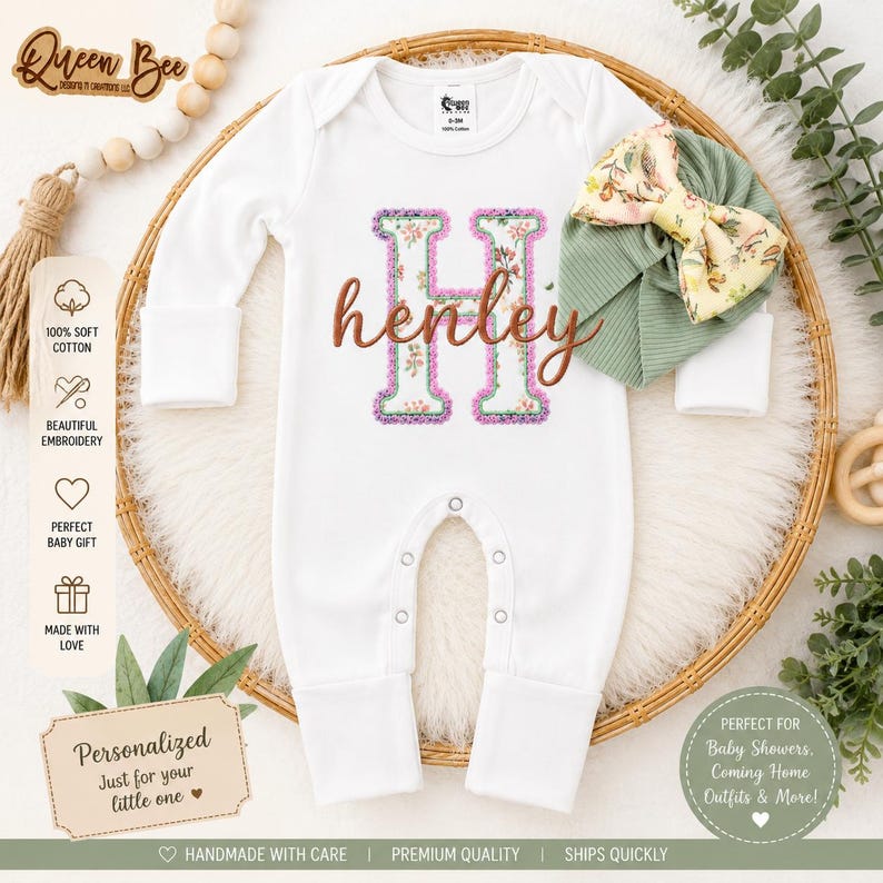 Personalized Baby Girl Romper | Custom Floral Monogram Romper ...