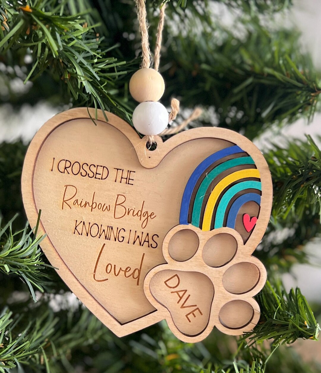 Personalized Pet Memorial Ornament, Rainbow Bridge Heart With Paw Print ...