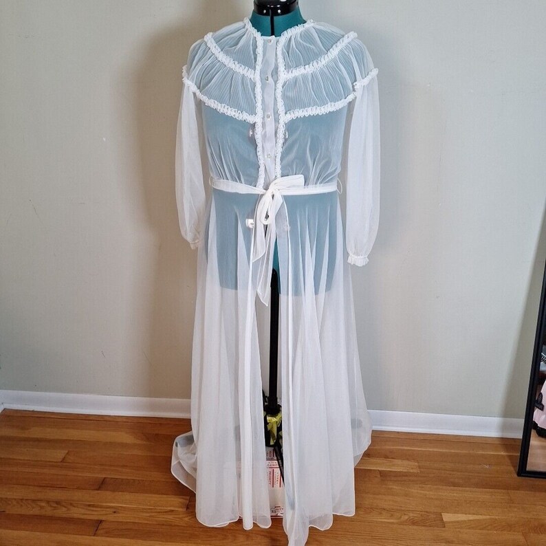 Vintage 60s off White Sheer Full Length Peignoir Negligee Nightgown ...