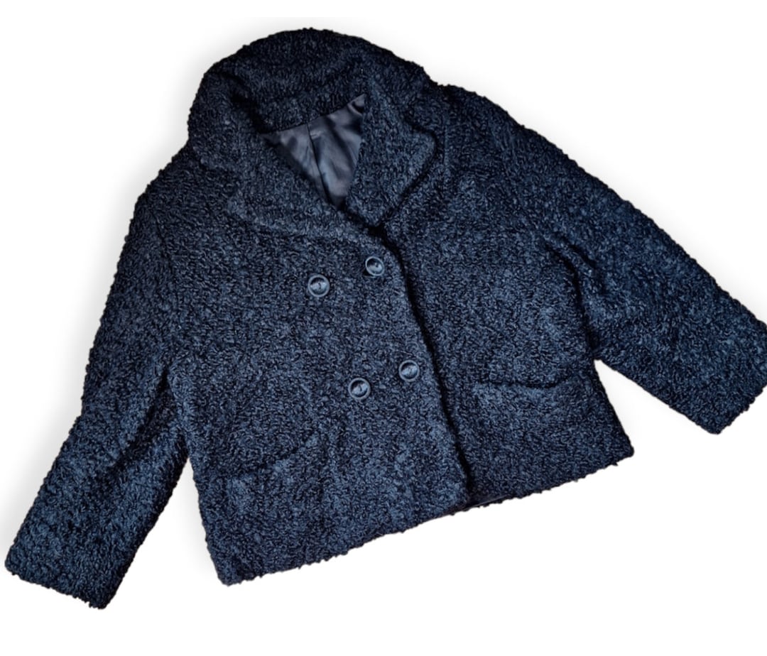 Vintage 60s Black Curly Wool Cropped Coat, 3/4 Sleeve Jacket, Faux ...