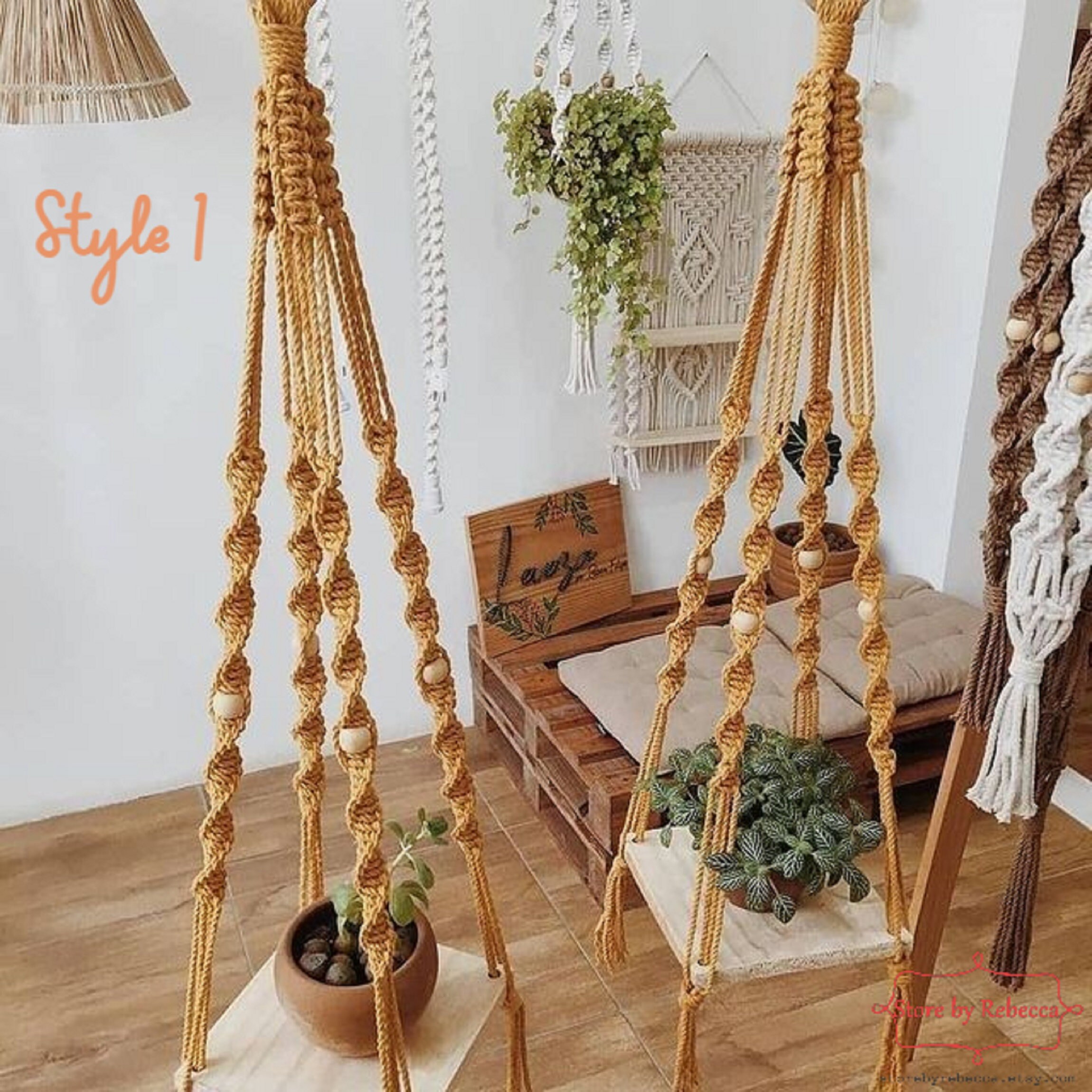 Macrame Hanging Shelf Macrame Plant Hanger With Wooden Slab | Etsy