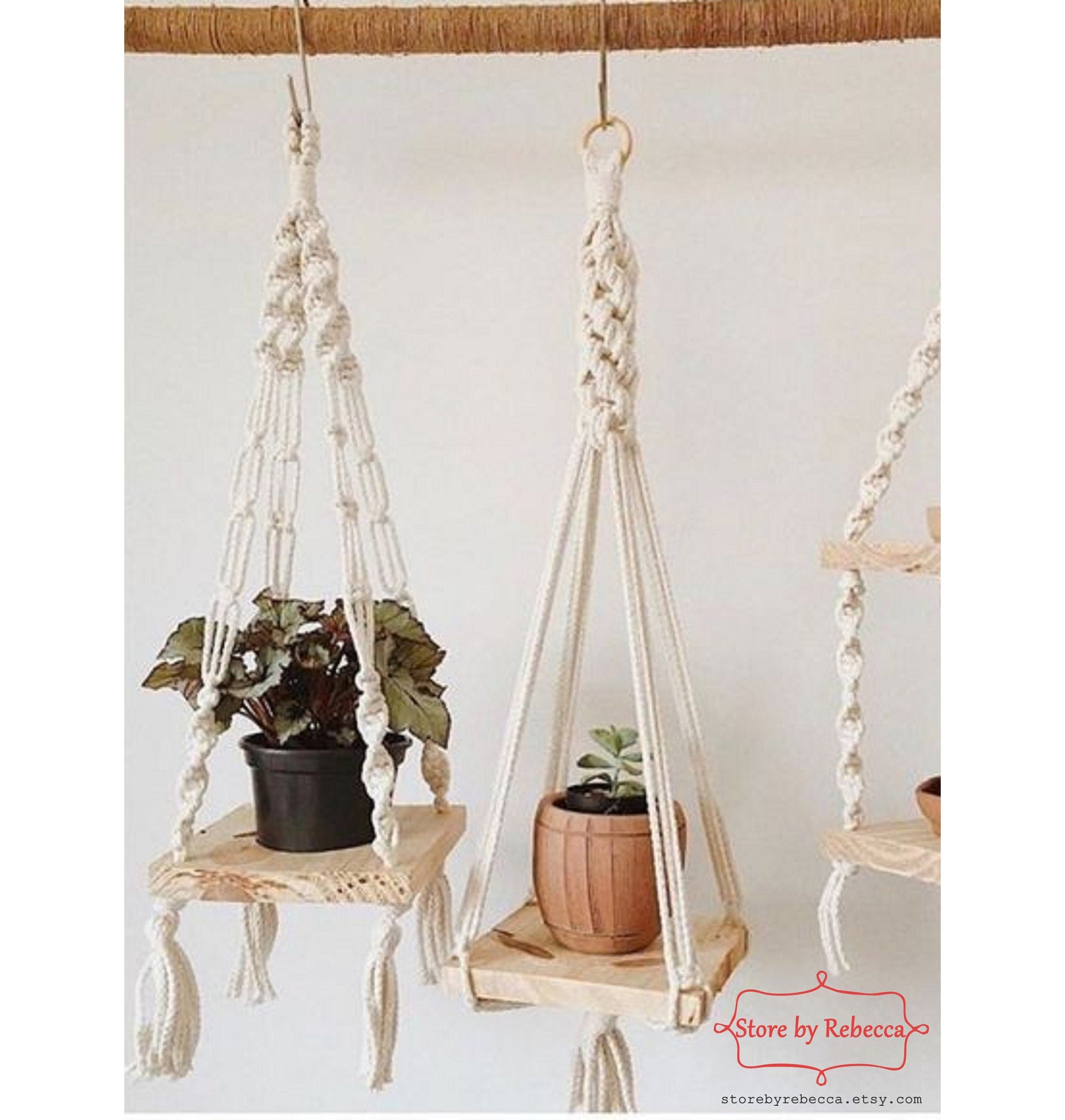 Macrame Hanging Shelf Macrame Plant Hanger With Wooden Slab | Etsy