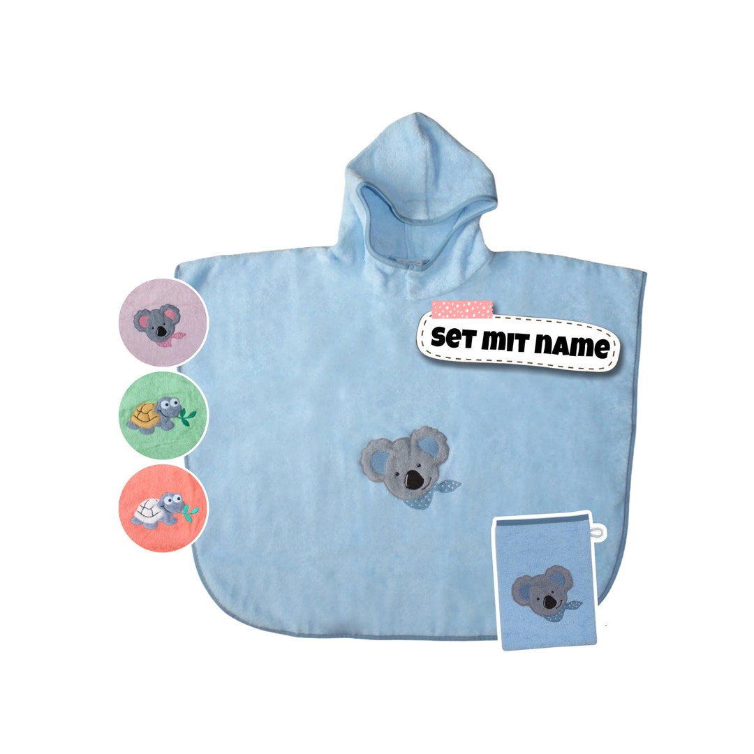 Kinder Badeponcho mit Namen SET | BIO Baumwolle | Waschhandschuh mit ...