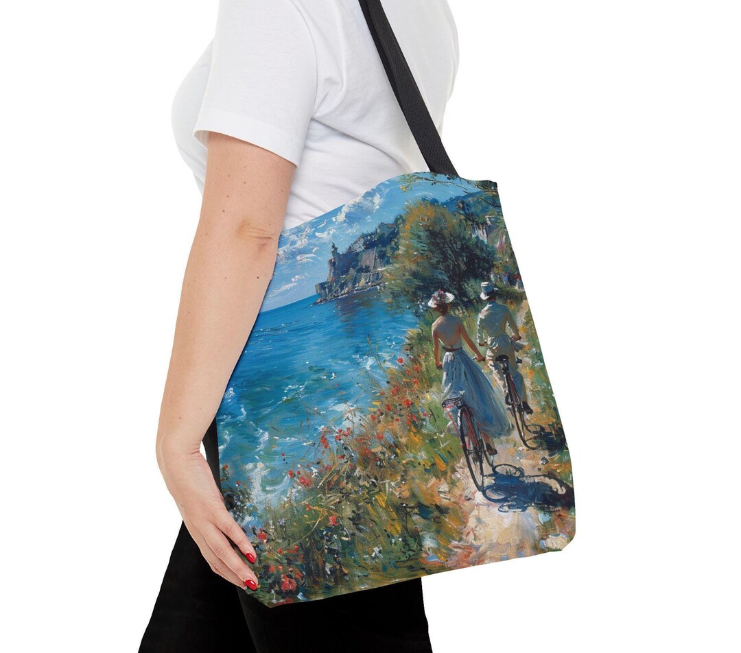 Monet Style Seashore Tote Bag: Coastal Bicycles & Boat Art - Etsy