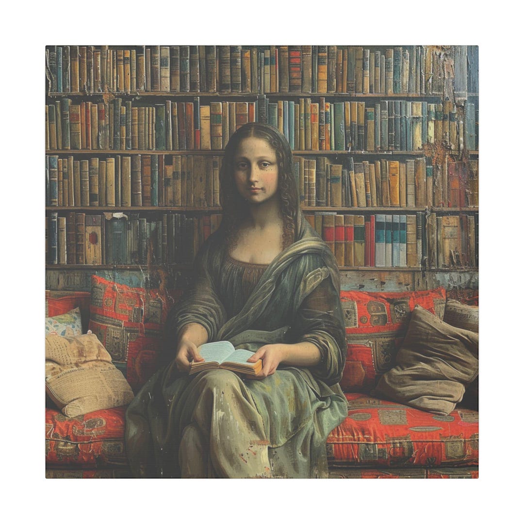 Canvas Print, Mona Lisa Reading in Library Ai-inspired Painting, Blue ...