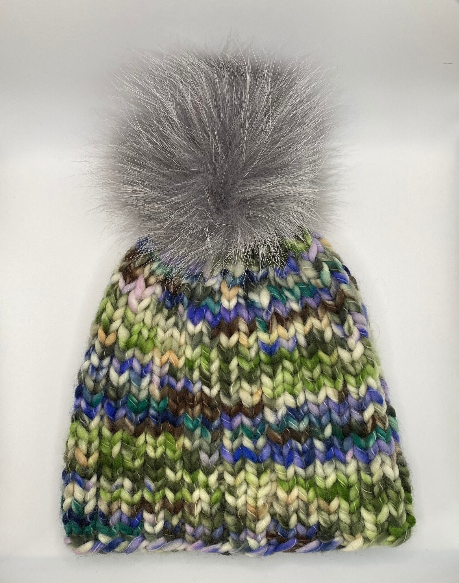 Hand Knit Italian Merino Wool Hat With Light Grey Real Fur Pom Pom ...