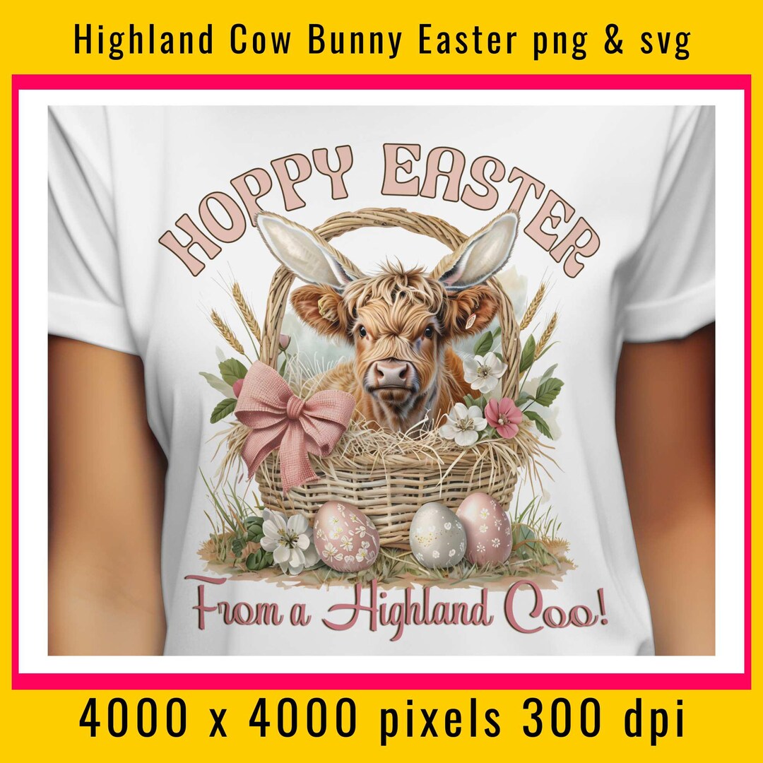 Easter Highland Cow PNG: Bunny Ears, Floral Basket Digital Download - Etsy