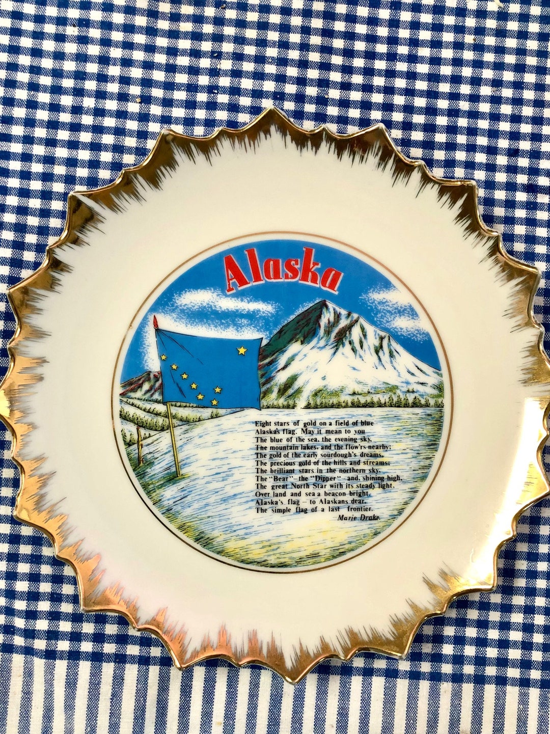 Collectible Alaska Souvenir Plate With Fluted Gold Trim and Marie Drake ...