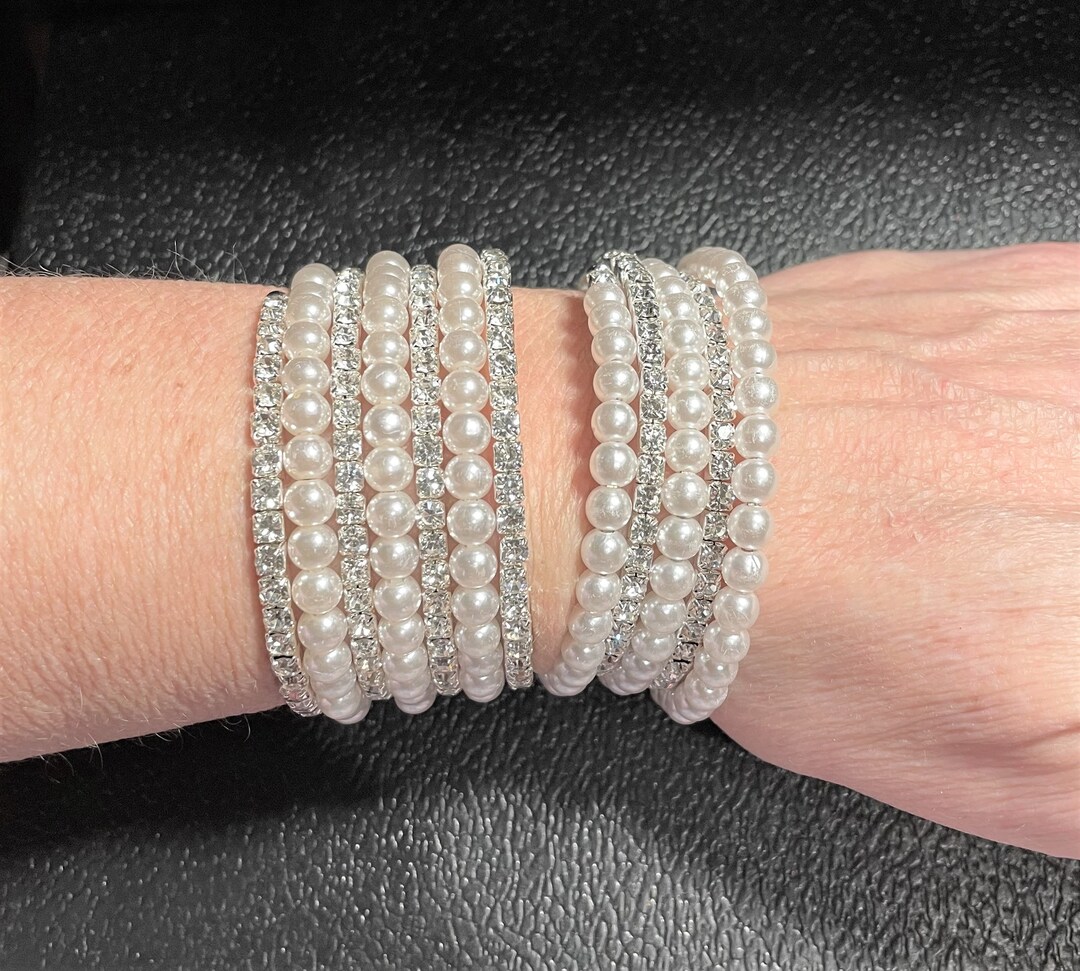 Pearl and Rhinestone Bracelet , 5 Row Coil Adjustable Bracelet , 7 Row ...
