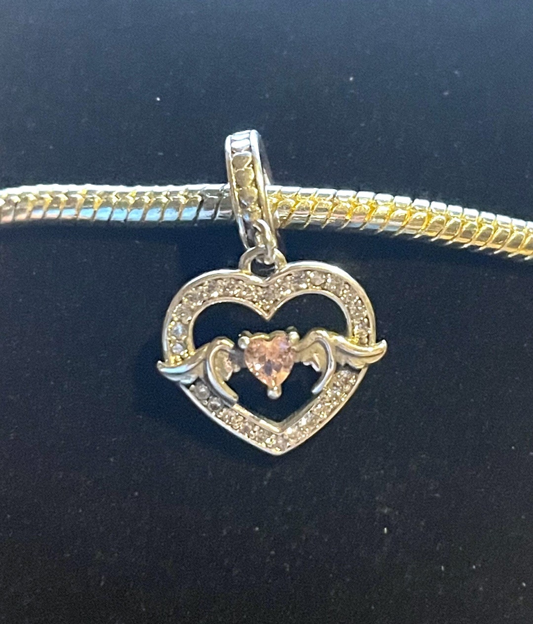 Pink CZ Angel Wings Heart Charm for Bracelets , CZ Heart Charm , Angel ...