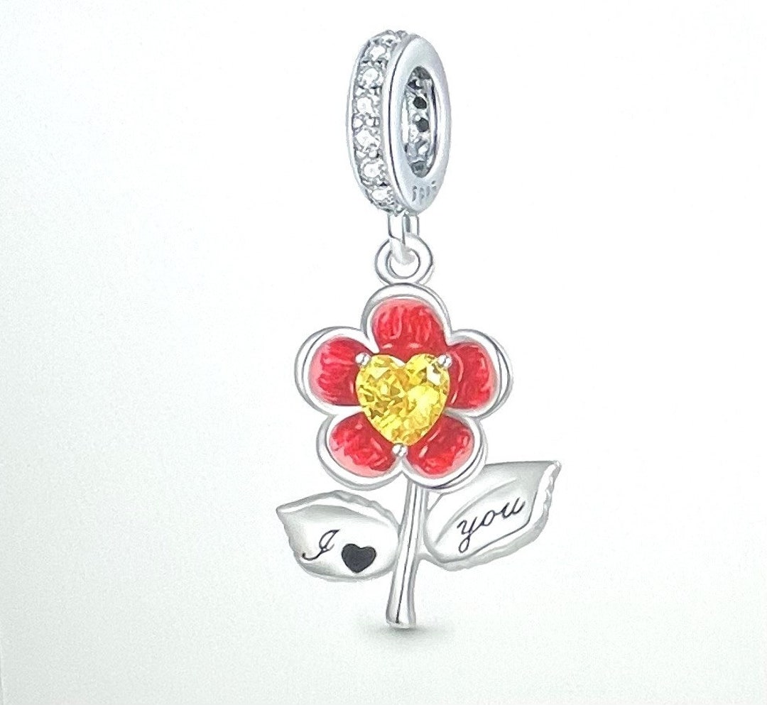 Flower Charm , Fits Pandora Bracelet , Flower and Yellow Crystal Heart ...