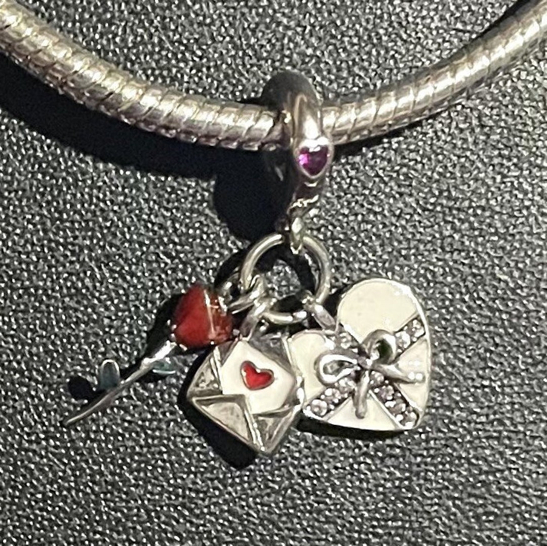 Present Heart Red Rose and Love Letter Charm Fits Pandora Bracelet ...