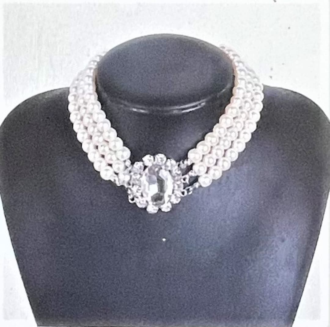 Victorian Multi Strand Pearl Crystal Choker Necklace , Bridal Pearl ...
