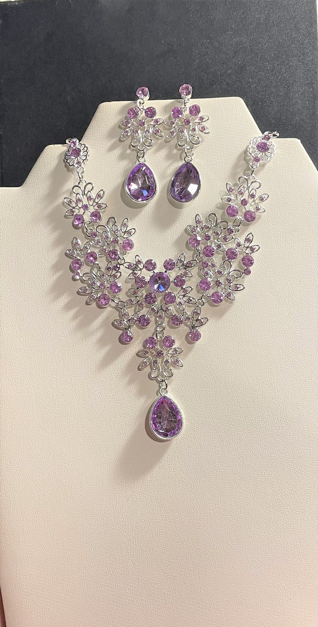 Purple Crystal Drop Jewelry Set , Purple Crystal Rhinestone Necklace ...