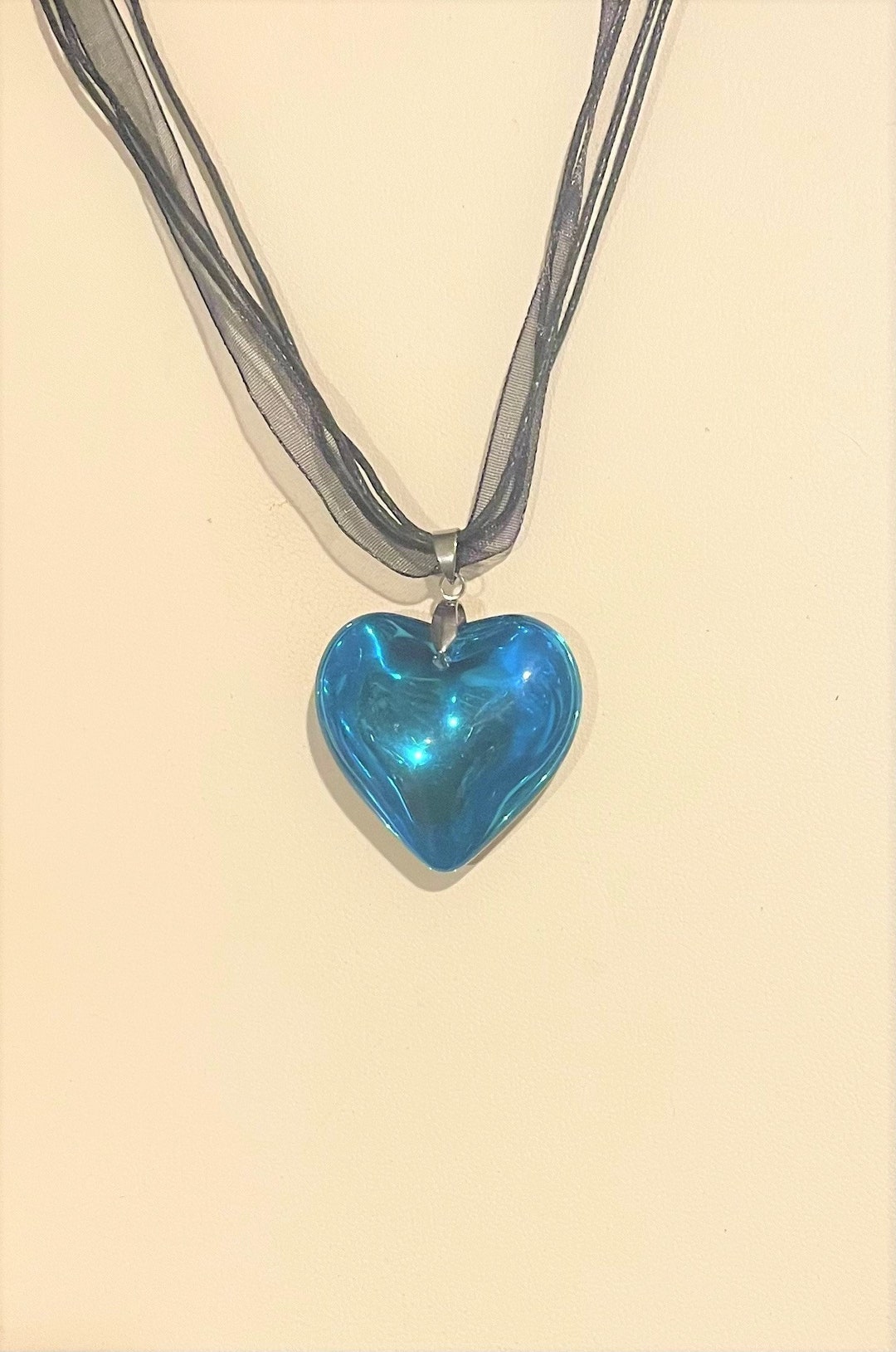 Large Aqua Blue Glass Heart Pendant Necklace , Large Heart Pendant ...