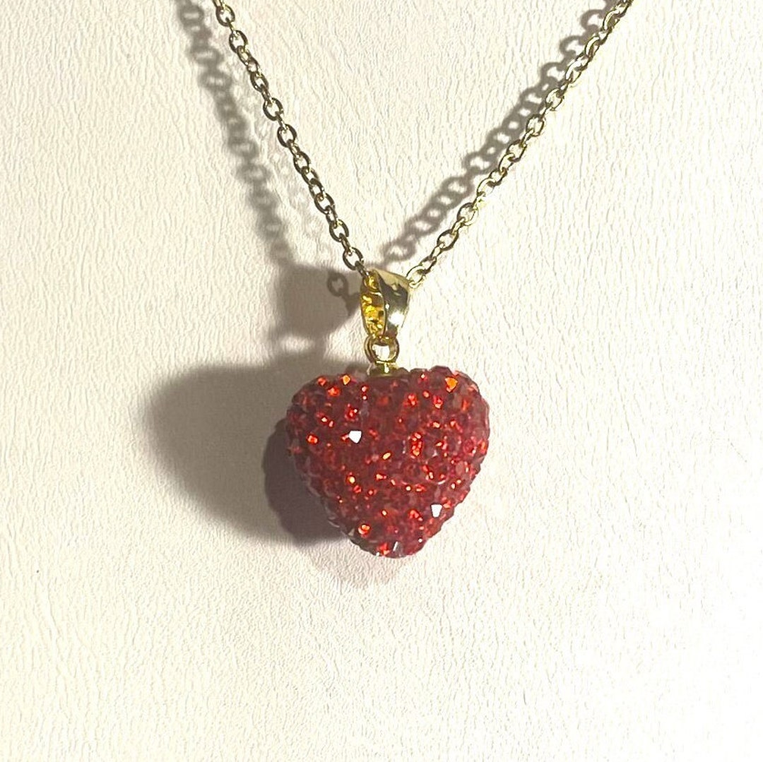 Dainty Red Crystal Heart Pendant Necklace , Red Puffed Heart Necklace ...