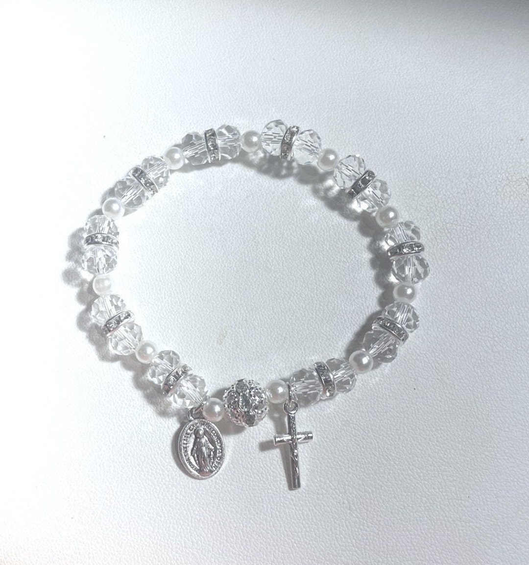 First Holy Communion Pearl Crystal Stretch Bracelet , Pearl and Crystal ...