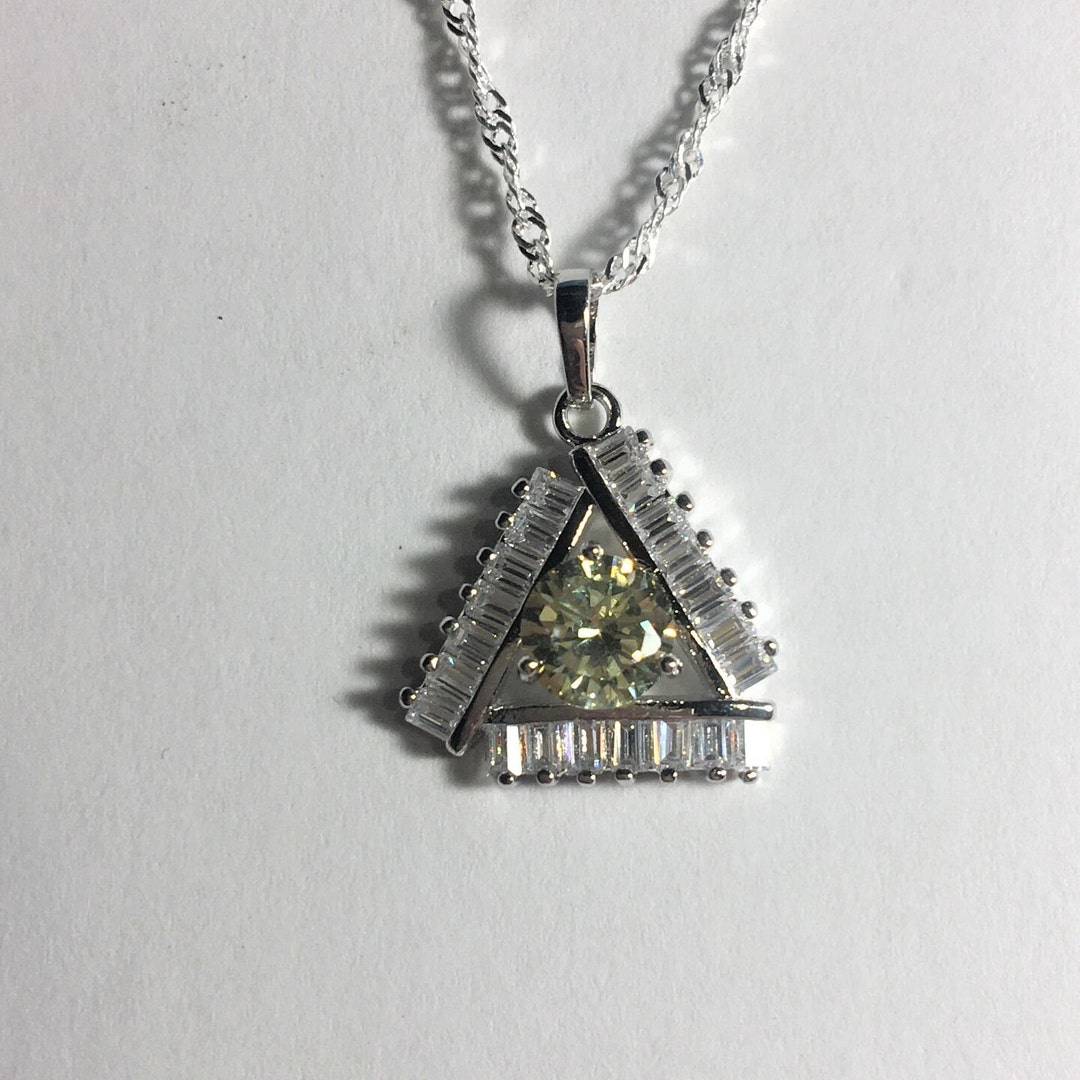 Peridot Triangle Pendant Necklace , Clear CZ , Sterling Silver 18 , 20 ...