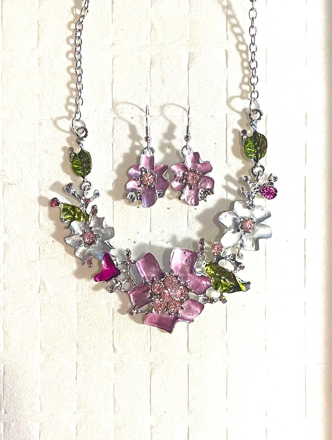 Rhinestone Flower Necklace and Earrings Set , Metal Flower Necklace and ...