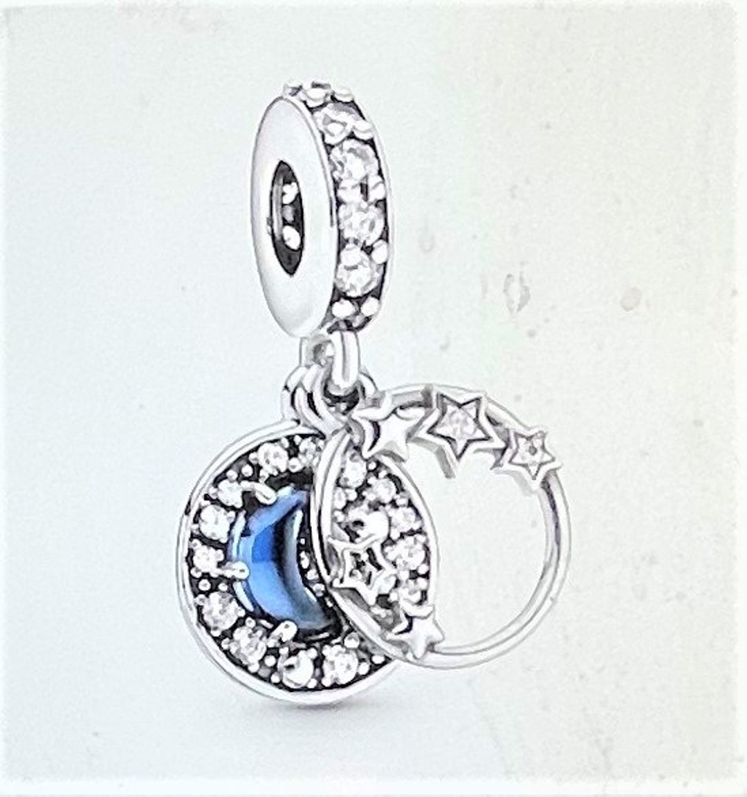 Blue Night Sky Crescent Moon & Stars Dangle Charm Fits Pandora Bracelet ...