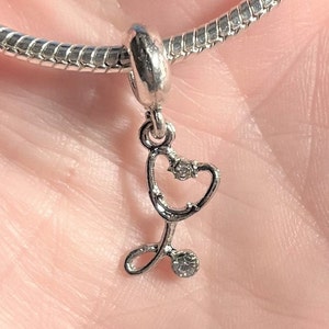 Stethoscope Heart Dangle Charm Fits Pandora Bracelets , Stethoscope Heart Dangle , CZ , Nurse ...