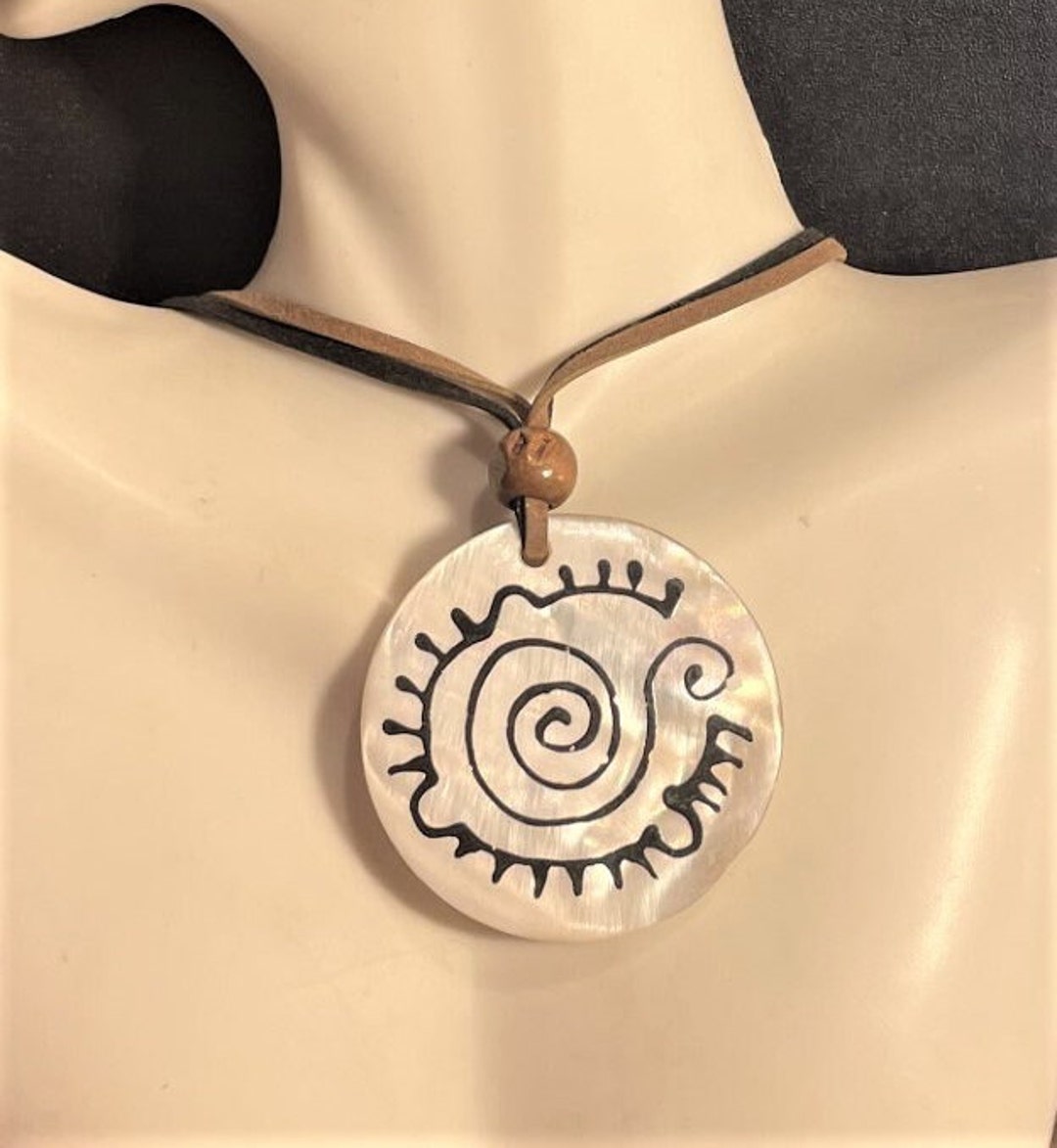 White With Black Shell Disc Reflections Pendant Necklace , Wood Bead ...