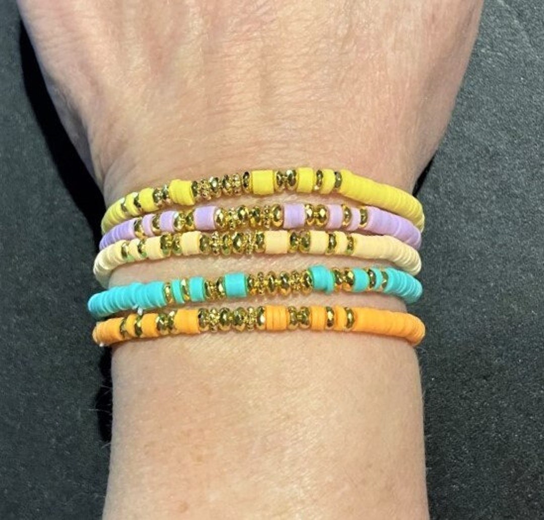 Polymer Clay Disc Bracelet Heishi Stretch Bracelets Gold - Etsy