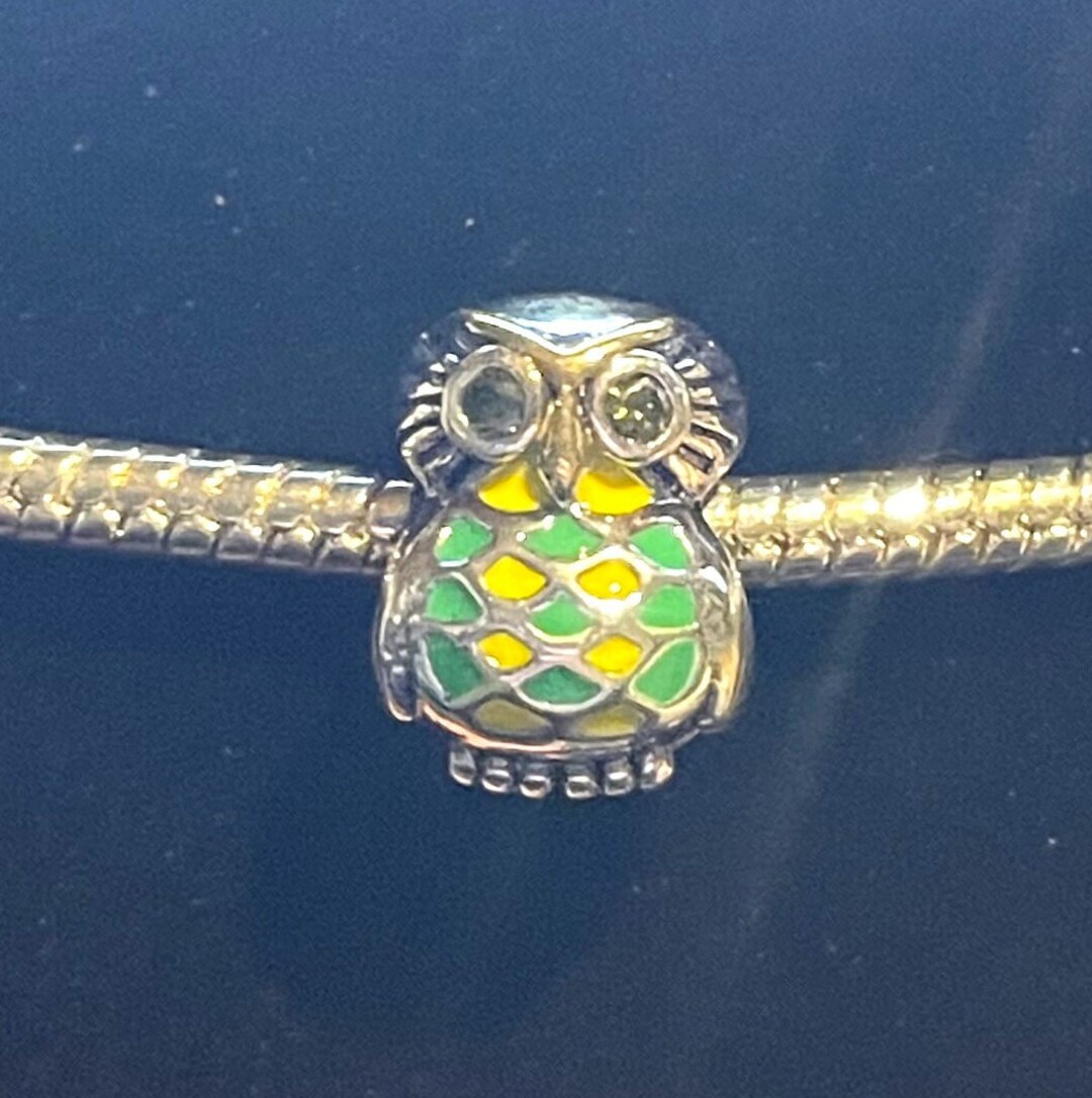 Green and Yellow Wise Owl Charm , Fits Pandora Bracelet , Owl Charm , Owl Charm , Bird Charm ...
