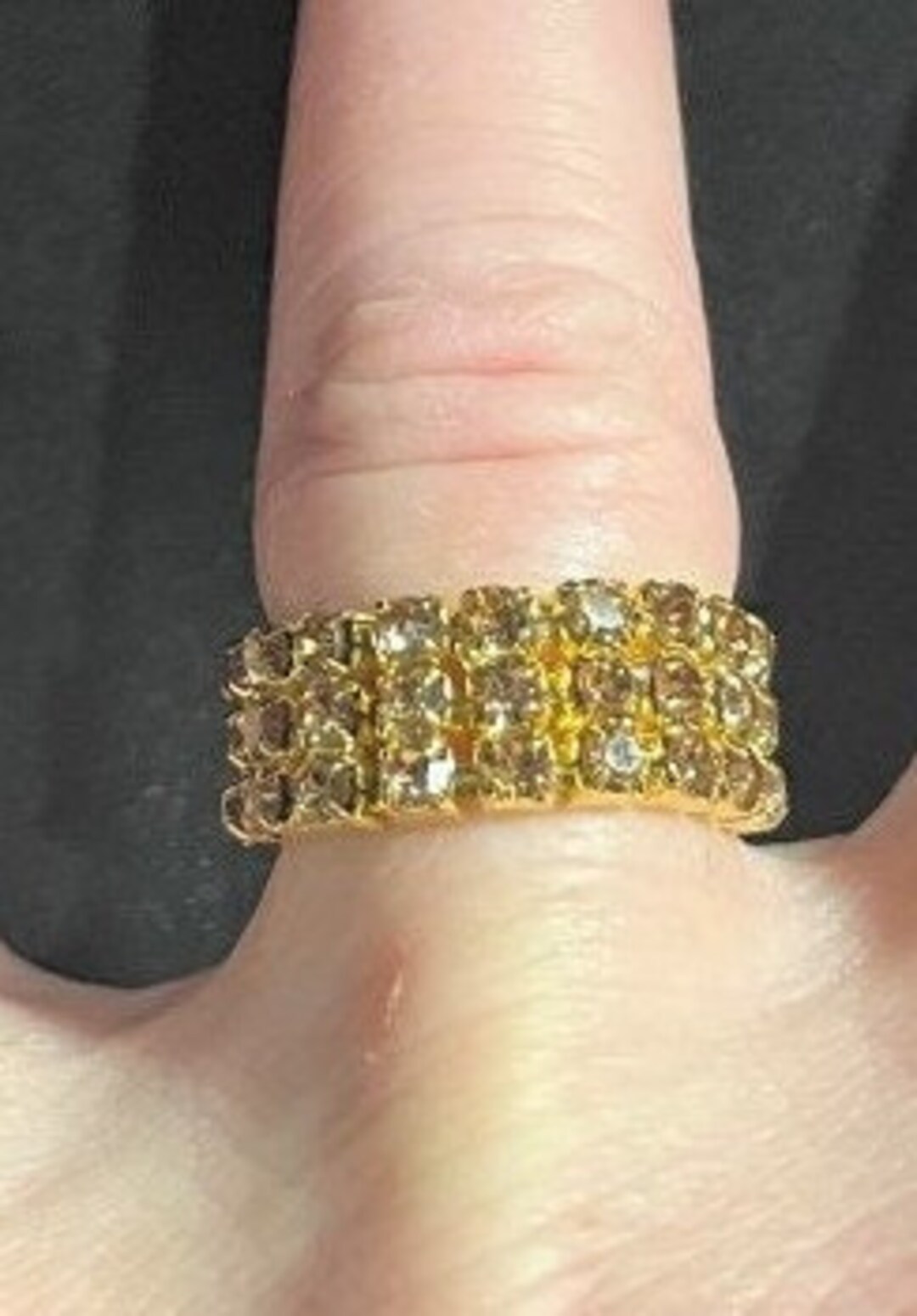 Gold Crystal Rhinestone 3 Row Elastic Stretch Ring , 3 Row Topaz on ...