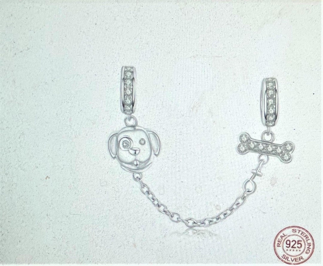 Silver Dog & Bone Safety Chain Charm fits Pandora Bracelet , Animal ...