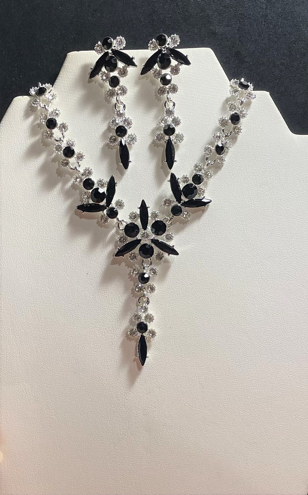 Black Crystal Rhinestone Flower Jewelry Set, Black Crystal Rhinestone ...