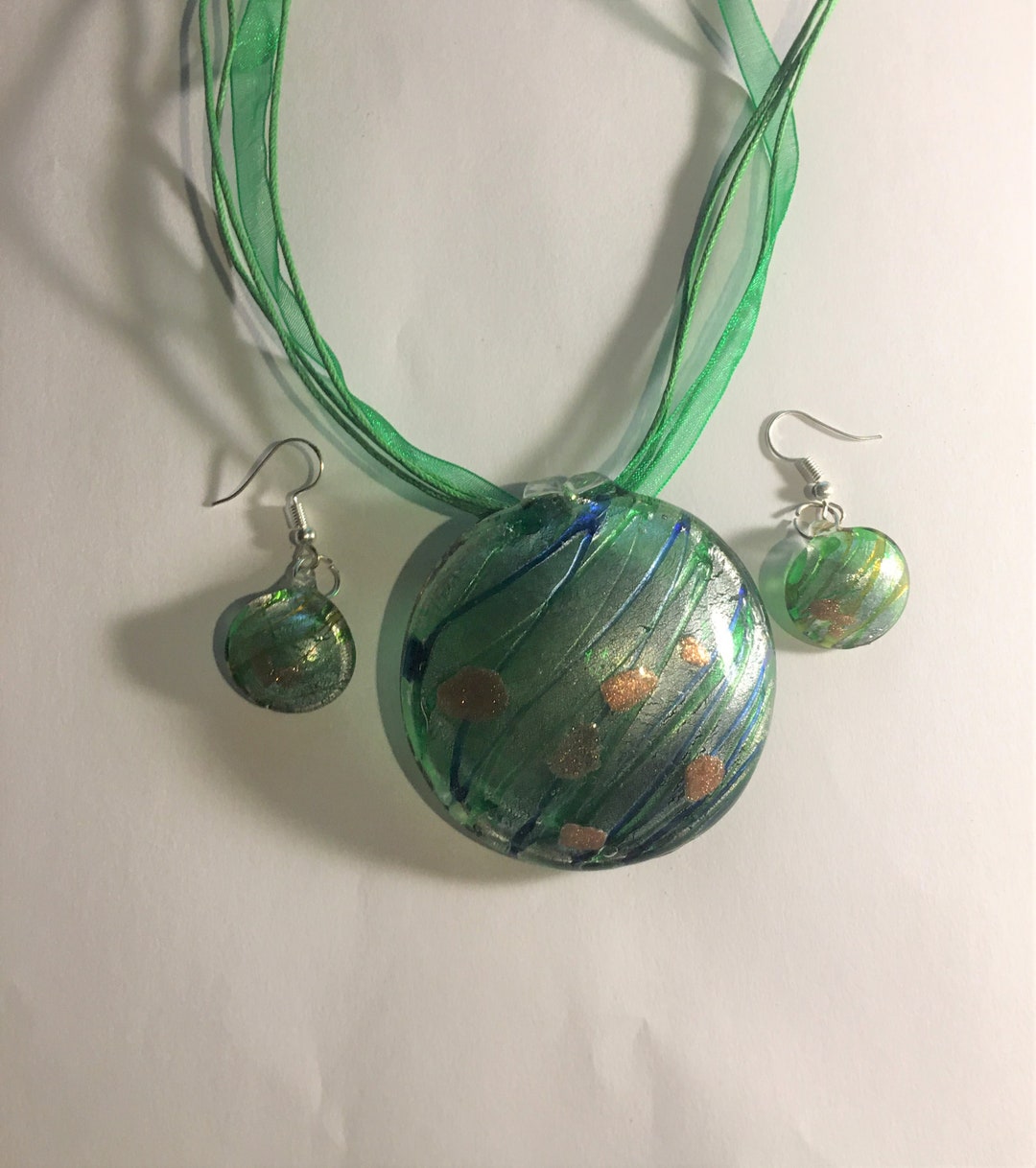 Murano Round Glass Pendant Necklace and Earrings Set , Multi Colored Pendant and Earrings Set ...