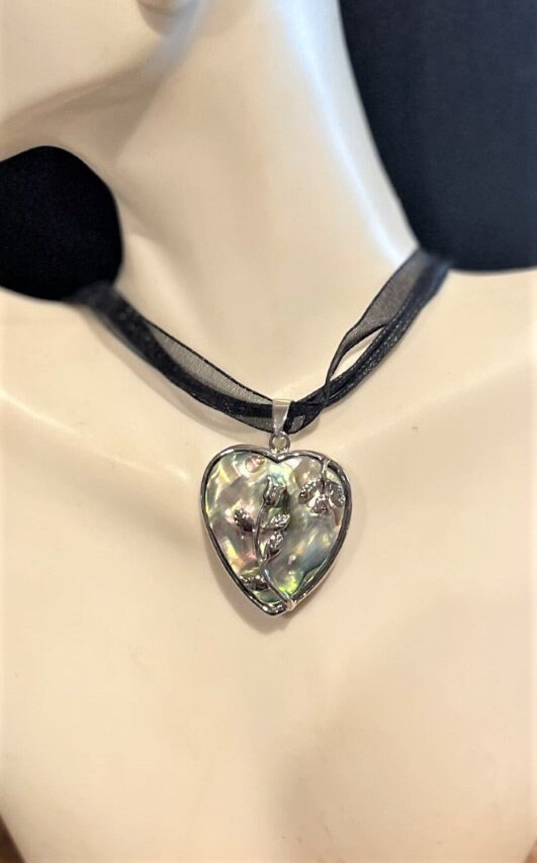 Abalone Heart Rose Necklace , Paua Sea Shell , Silver, Ribbon Necklace ...