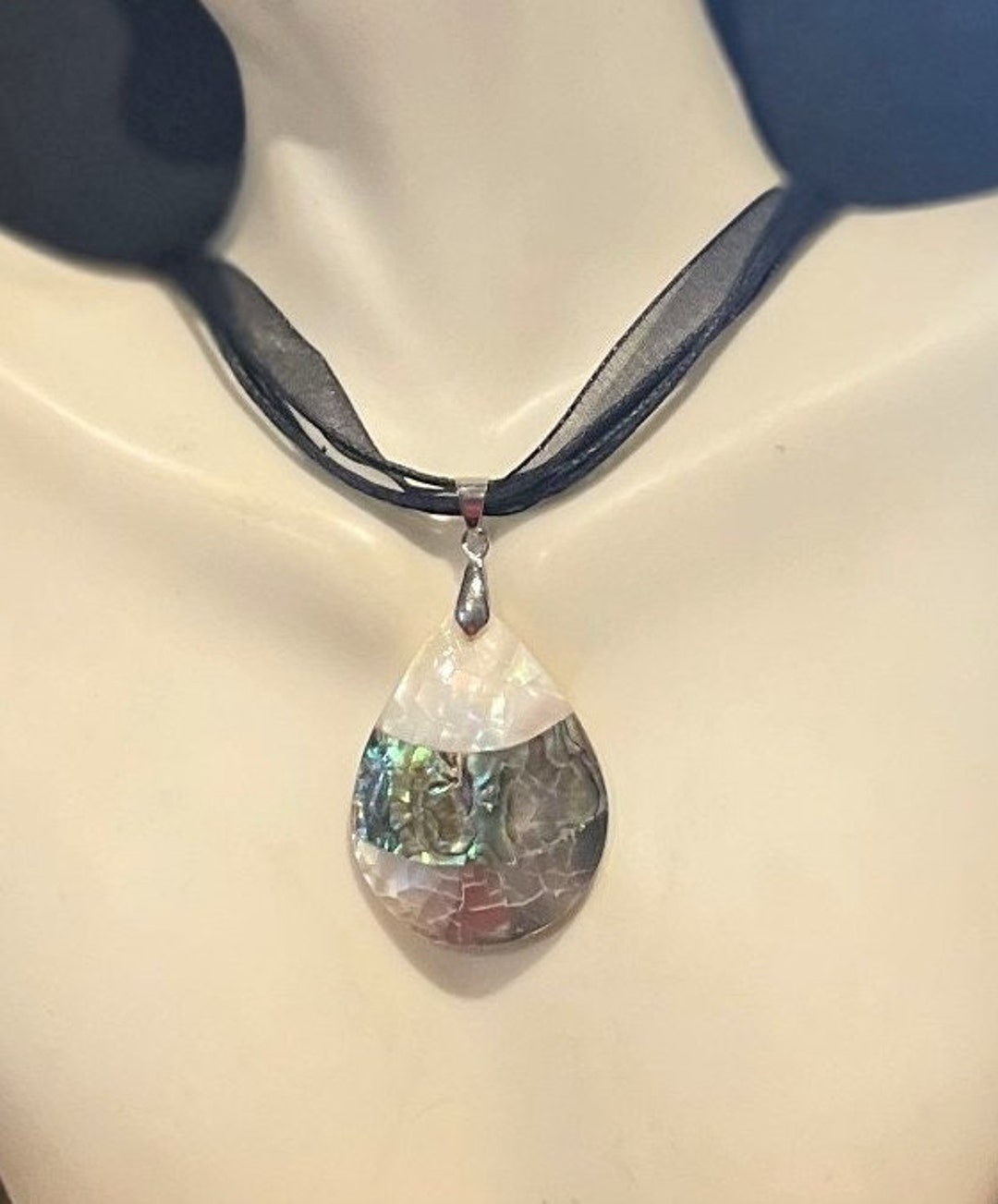 Natural Shell Mother of Pearl Abalone Mosaic Teardrop Pendant Necklace ...