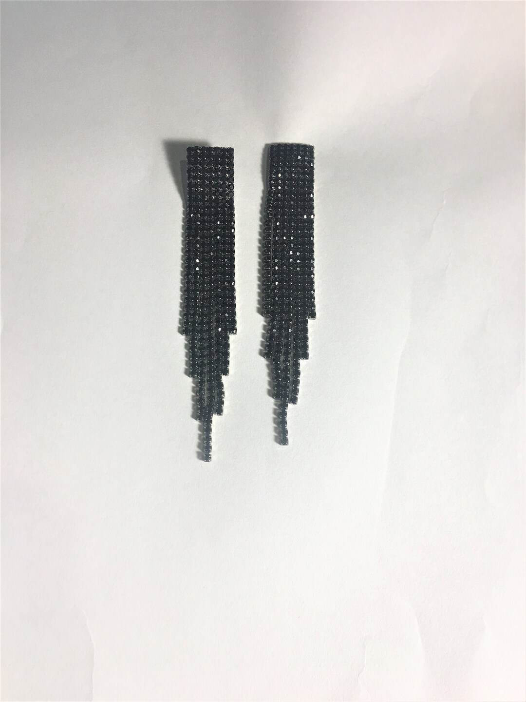 Long Black Rhinestone Statement Earrings , Black Tassel Dangle Drop ...